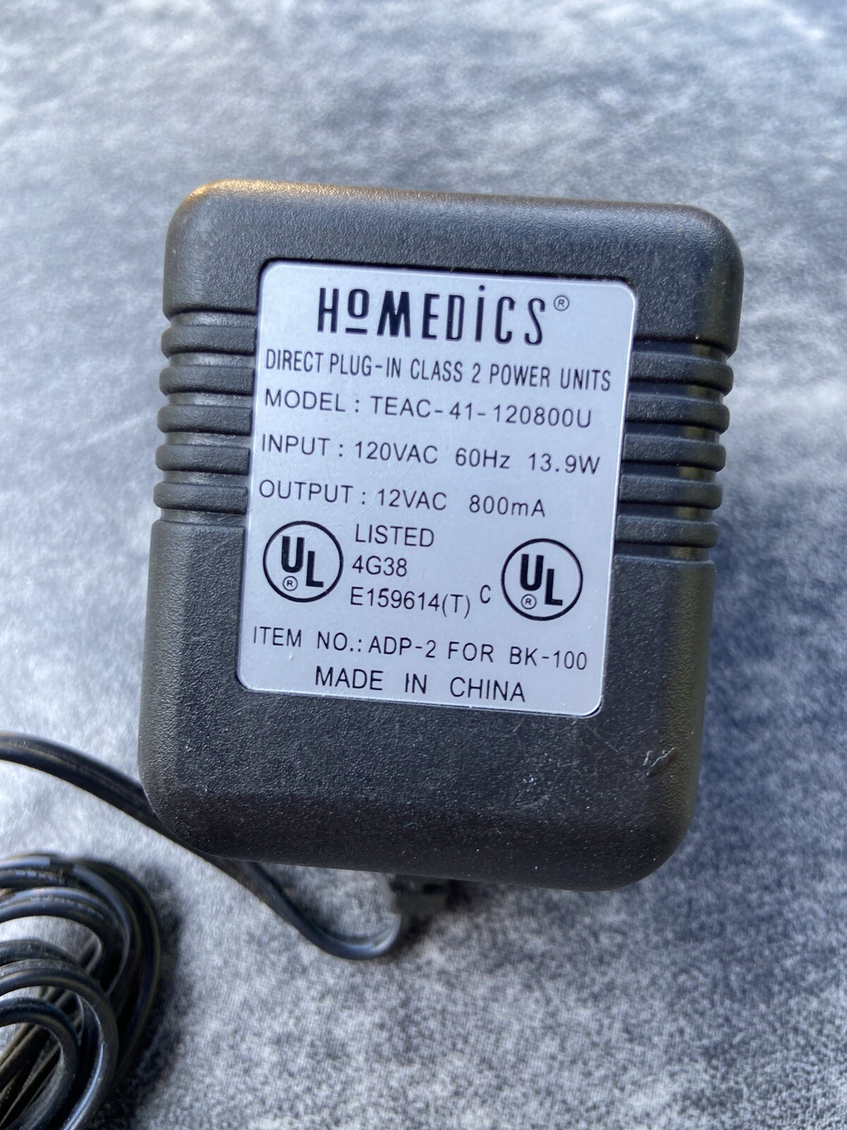 Homedics Model# TEAC-41-120800U AC power Adapter Power Supply 12Vac ...