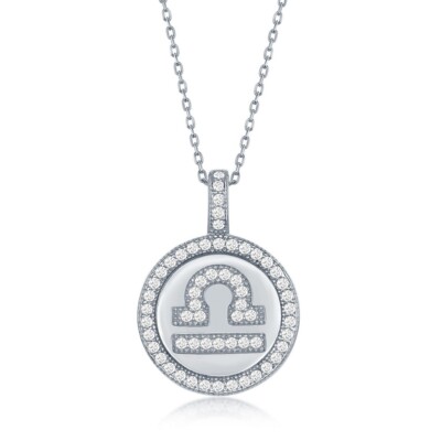 Sterling Silver Micro Pave 'Libra' Zodiac Disc Pendant W/ Chain | eBay