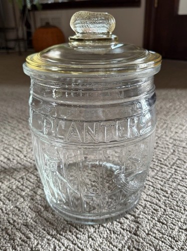 Planters Peanuts Running Mr. Peanut Glass Barrel Jar w/Lid Cookie ...