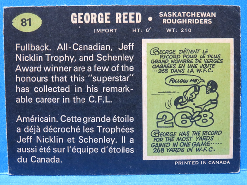 1970 O-Pee-Chee CFL Football Card #81, GEORGE REED, Saskatchewan ...