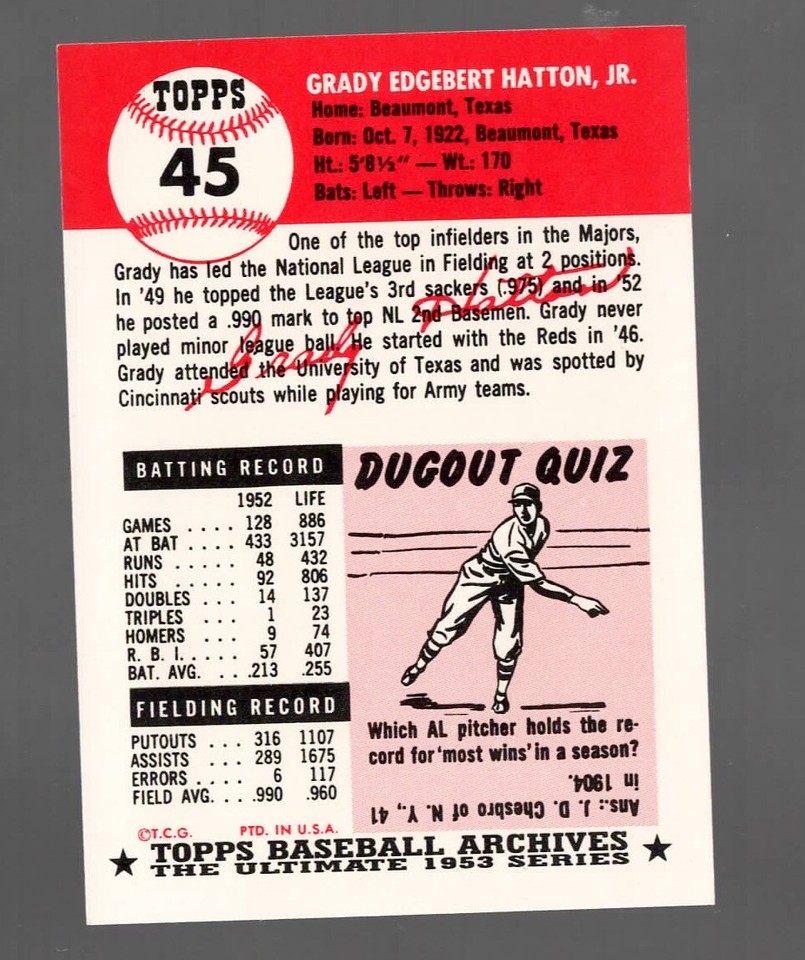 1991 Topps Archives 1953 #45 Grady Hatton Mint | eBay