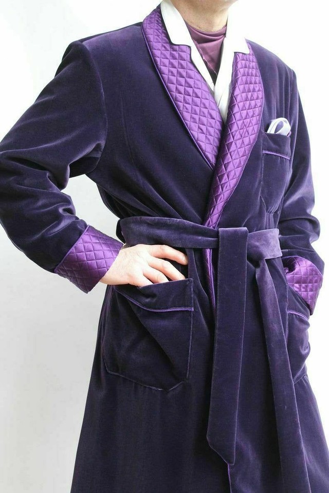 Men's Smoking Robe Jacket Purple Velvet Long Quilted Coat Evening ...