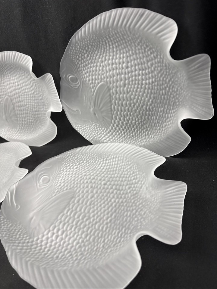 ARCOROC FRANCE - Frosted Glass Fish Platter Plates Grouper VTG SET OF ...