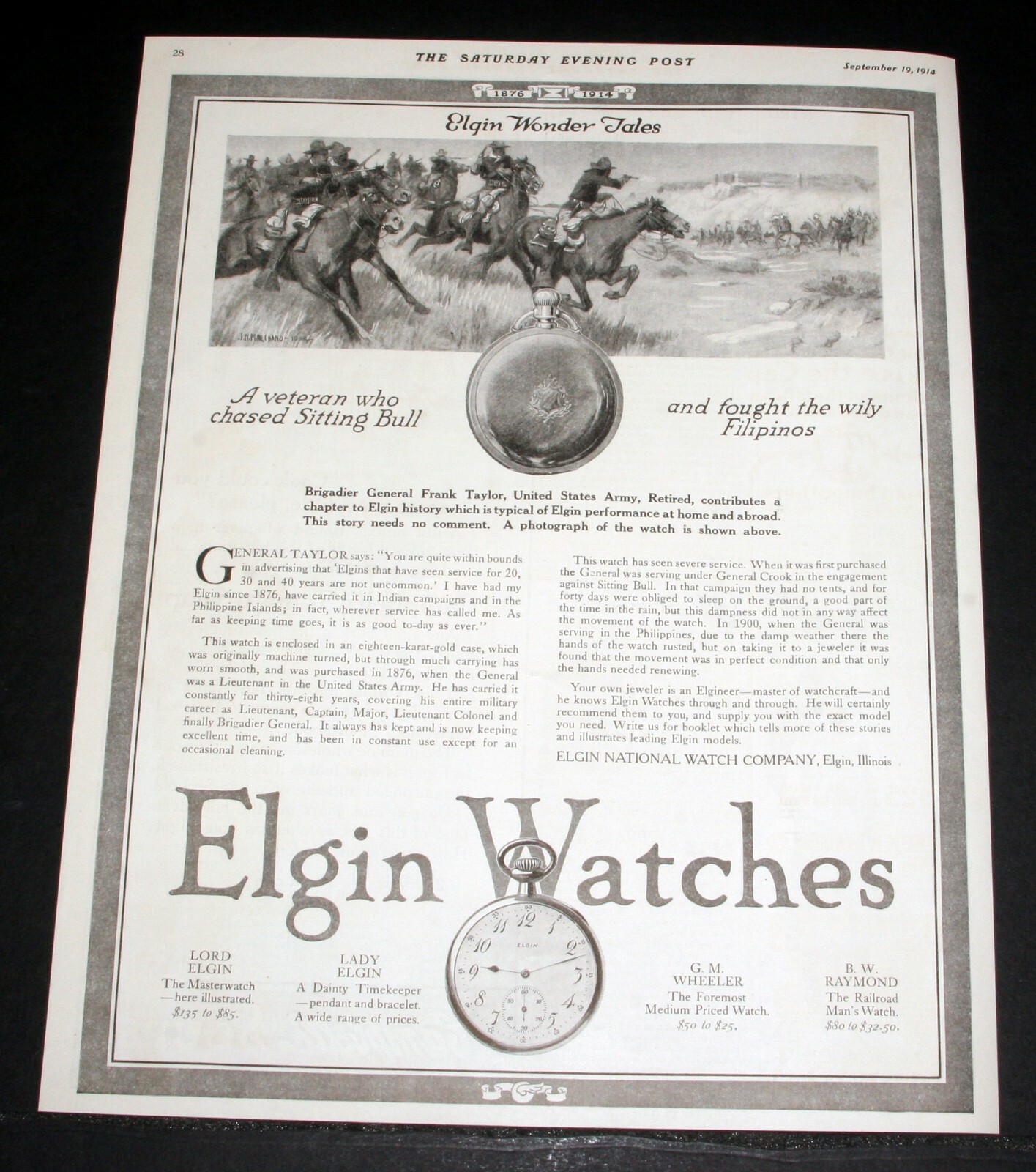 1914 OLD MAGAZINE PRINT AD, ELGIN WATCHES, A VETERAN WHO CHASED SITTING ...