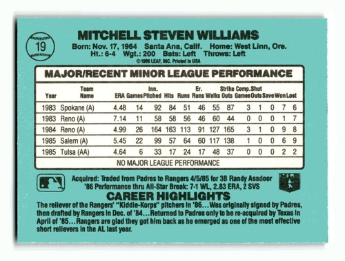 Mitch Williams 1986 Donruss The Rookies #19 Texas Rangers NM-MINT | eBay