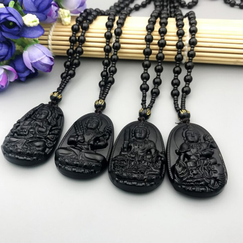 Obsidian Stone Buddha Beads Chain Necklace Imitate Jade Buddhism ...