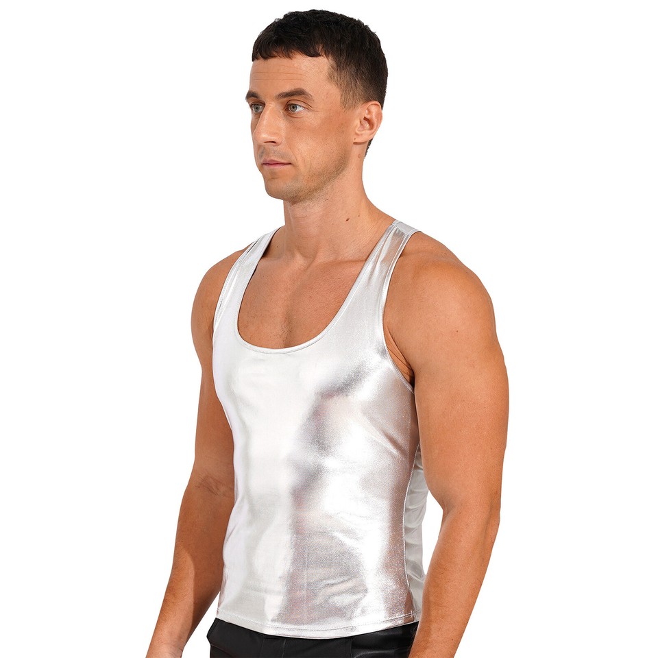 Men Shiny Metallic Sleeveless Muscle Tank Top Faux Leather Vest Tops ...