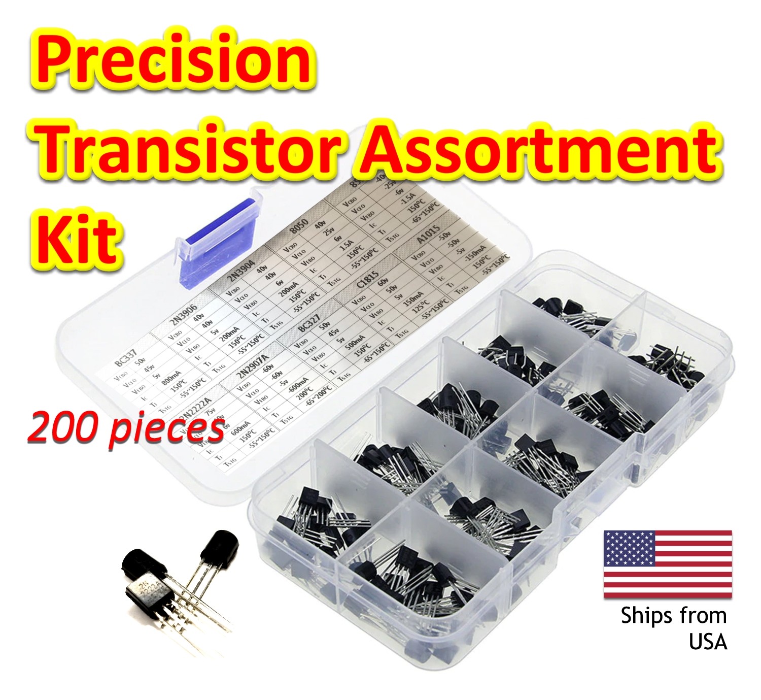 200pcs NPN / PNP 10 Value Precision Transistor Assortment Kit | eBay