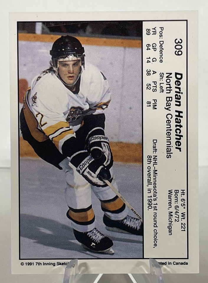 Derian HATCHER 1990-91 7th Inning Sketch OHL #309 North Bay Centennials ...