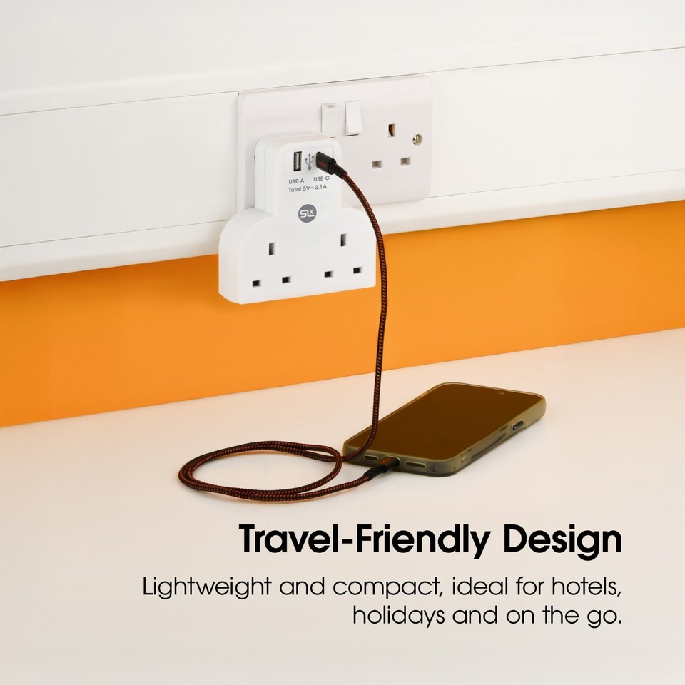 SLx Double Plug Adaptor with USB A & USB C 2.1A 2 Way Socket Extension ...