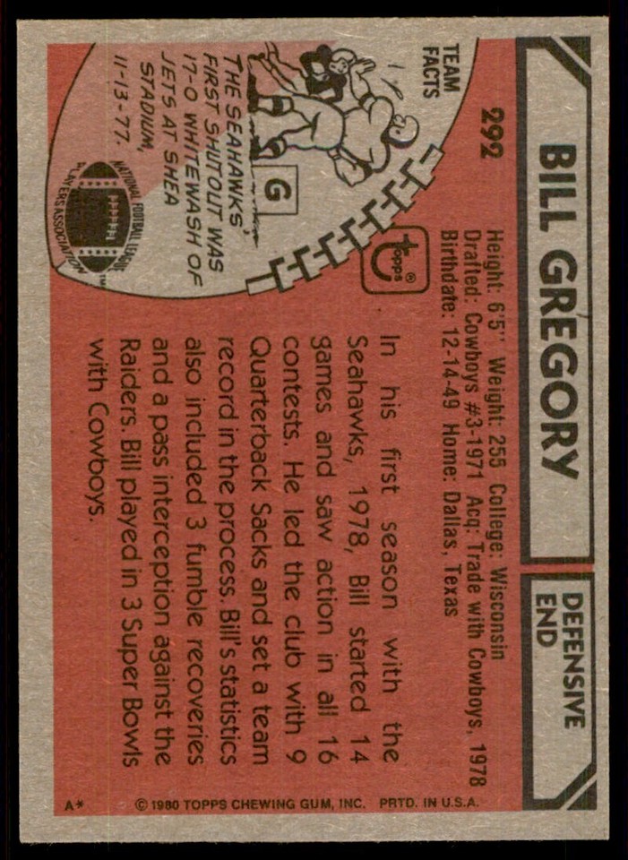 1980 Topps Bill Gregory Football Card Seattle Seahawks #292 | eBay