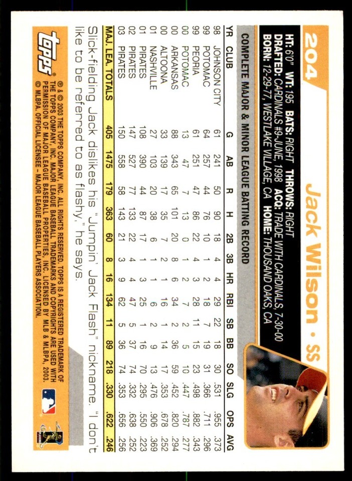 2004 Topps Jack Wilson Baseball Cards #204 | eBay