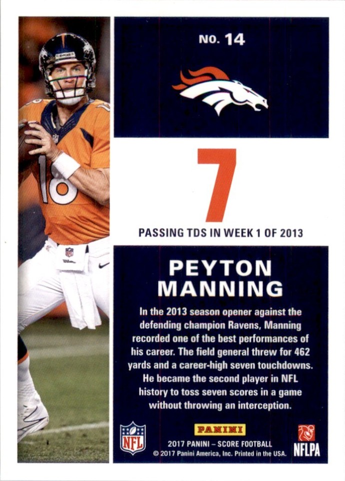2017 Score Standout Numbers PEYTON MANNING... Denver Broncos #14 | eBay
