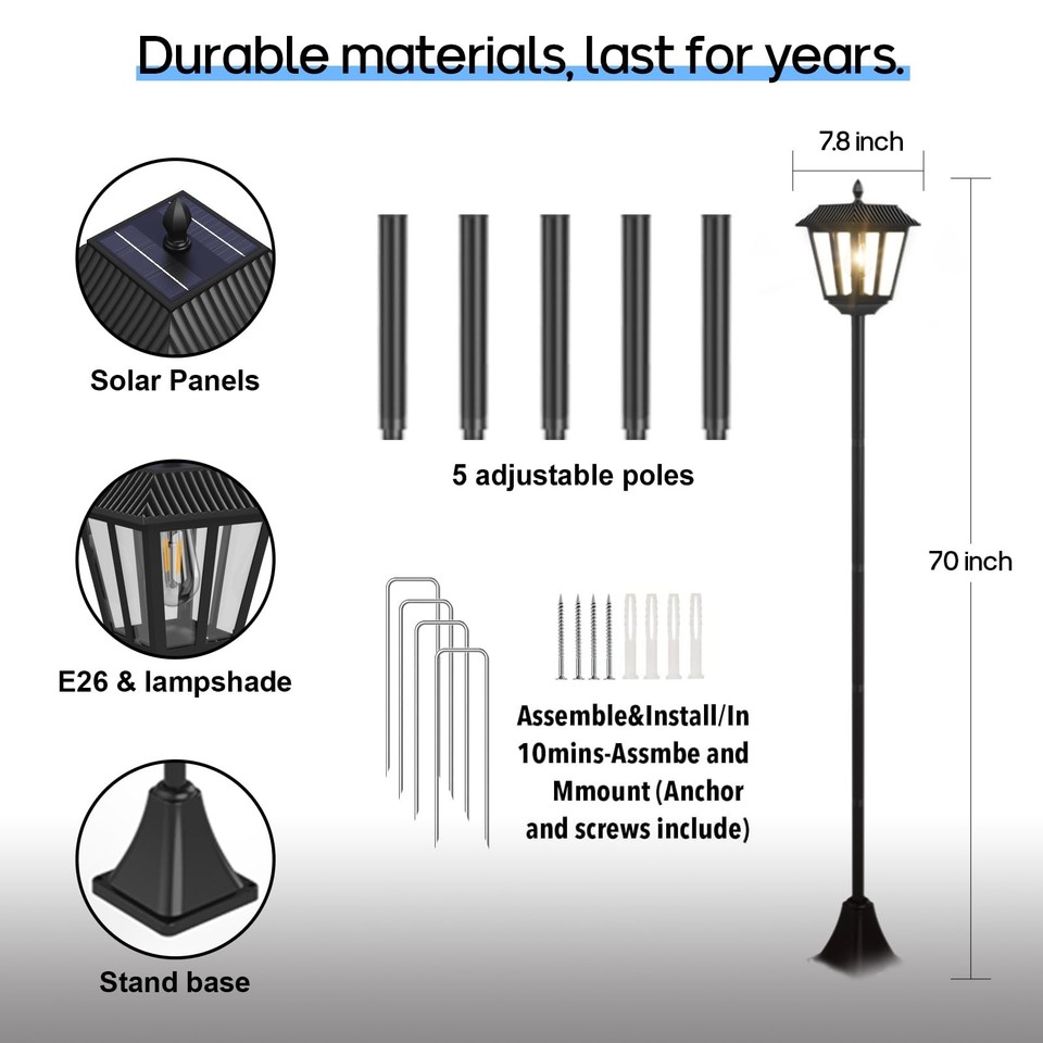 Solar Lamp Post Lights Outdoor Waterproof, 70" Tall Solar Light Poles ...