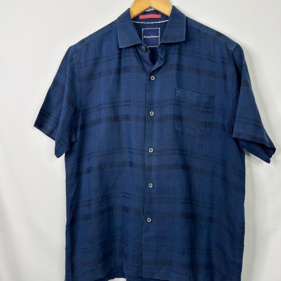Tommy Bahama Plaid Button Down Shirt Mens Medium Navy Blue Linen Blend ...
