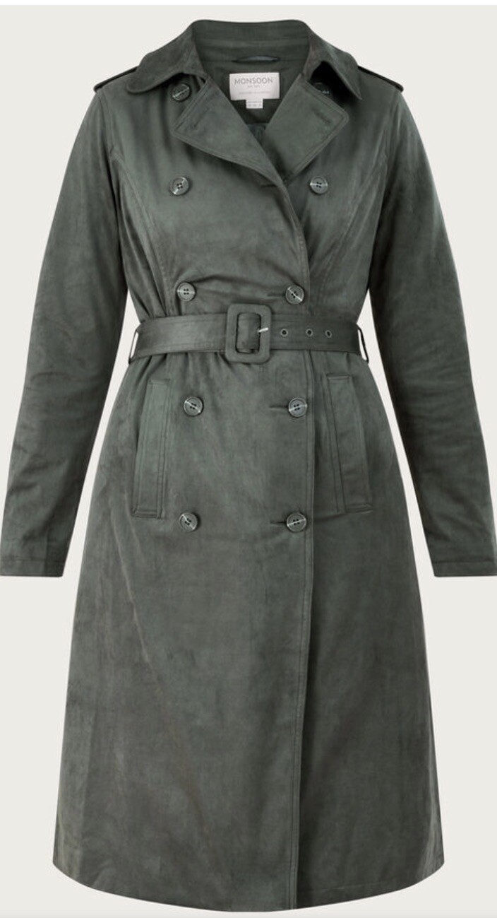 Monsoon Sara Faux Suede Belted Trench Coat Olive Green UK 16 /US 12 NWT ...