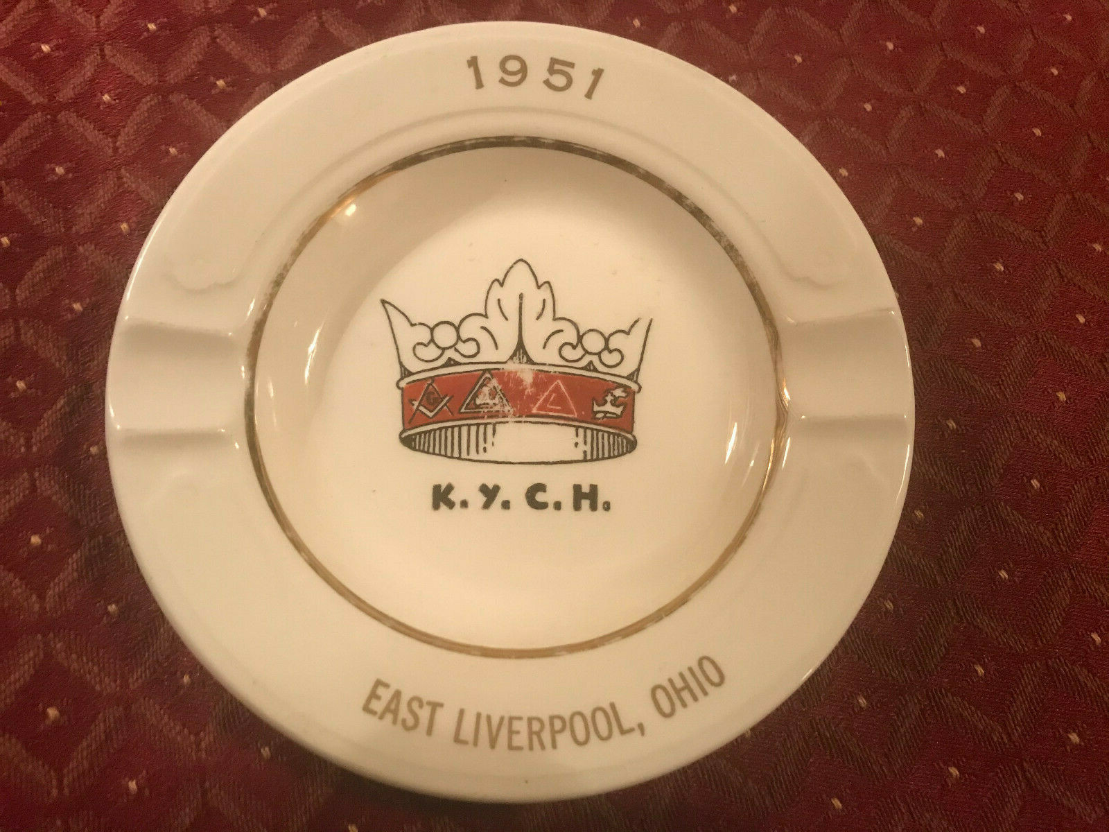 1951 K.Y.C.H. East Liverpool Ohio Ashtray, Decal & Gold Trim, 5 1/4 ...