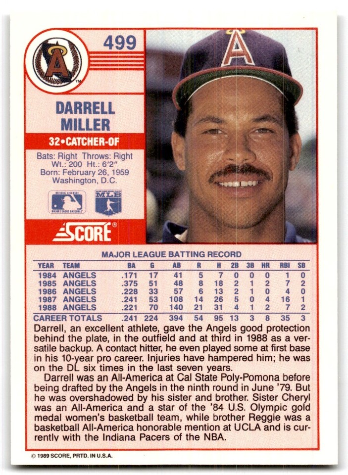 1989 Score Darrell Miller of California Angels #499 | eBay