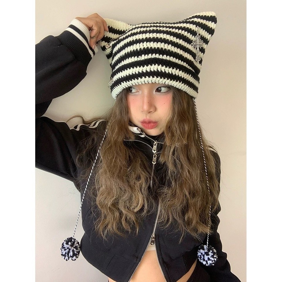 Knitted Cat Ear Beanie Warm Winter Hat for Women with Punk Cross Design ...