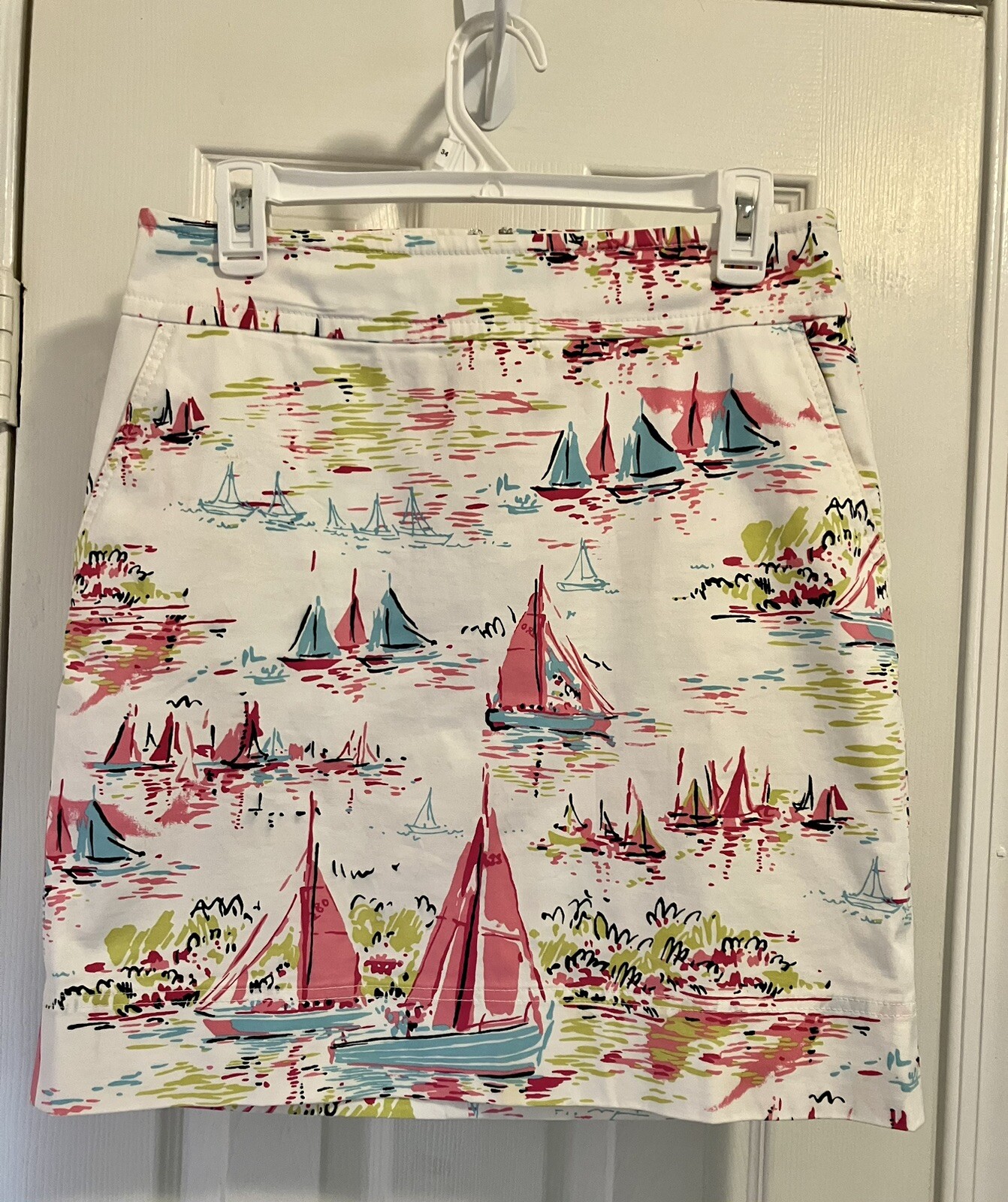 Talbots Skirt White, Pink And Blue Boats Women's Size 6P Pockets ...