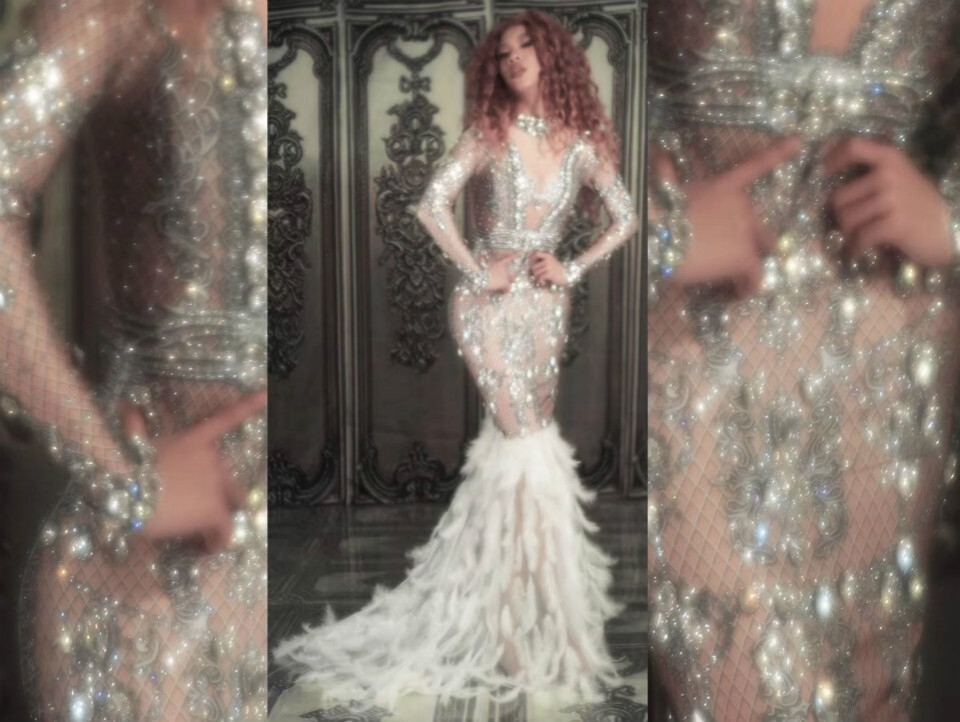 Sparkly Rhinestones White Feather Tail Dress Party Long Dresses Singer ...