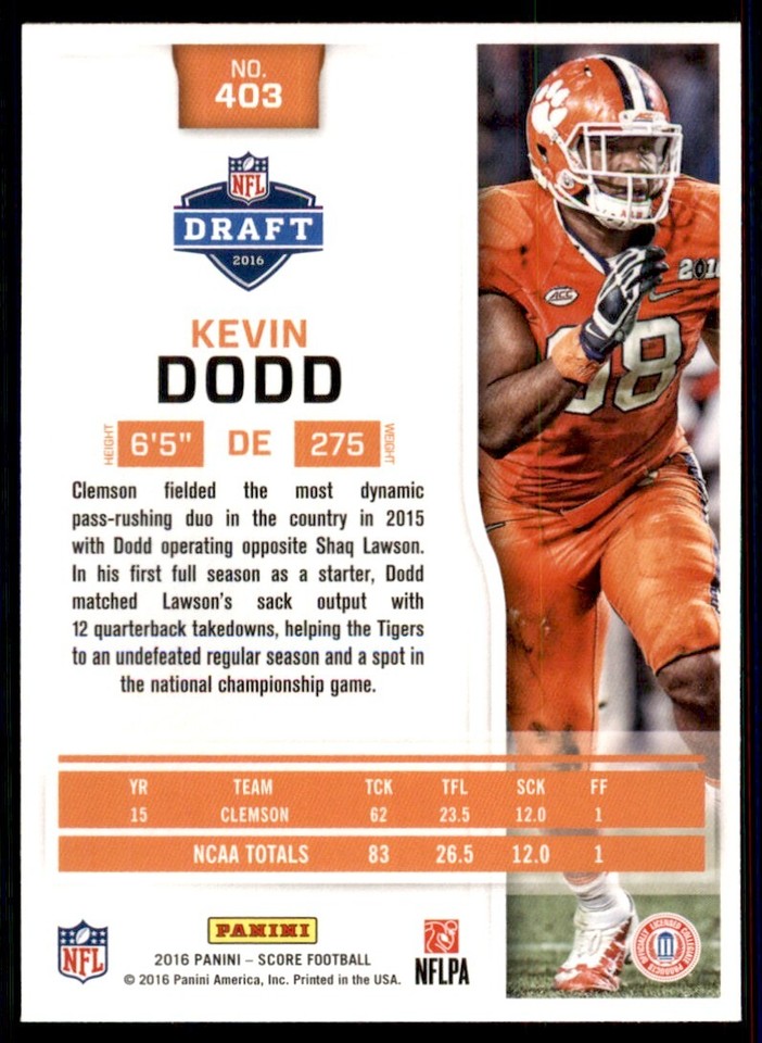 2016 Panini Score Kevin Dodd Rookie Clemson Tigers #403 Football Card ...