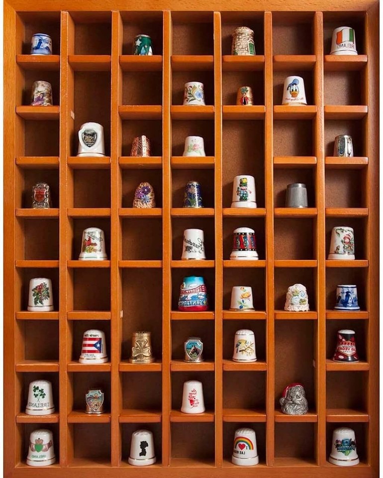 Thimble Display Case 59+ Miniature Oak Wood Minifigures Wall Glass Rack ...