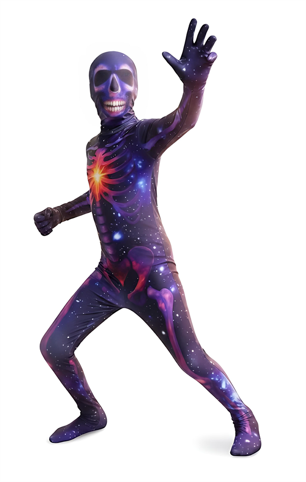 Girls Boys Galaxy Glow Skeleton Cosmic Jumpsuit Mask Halloween Costume ...