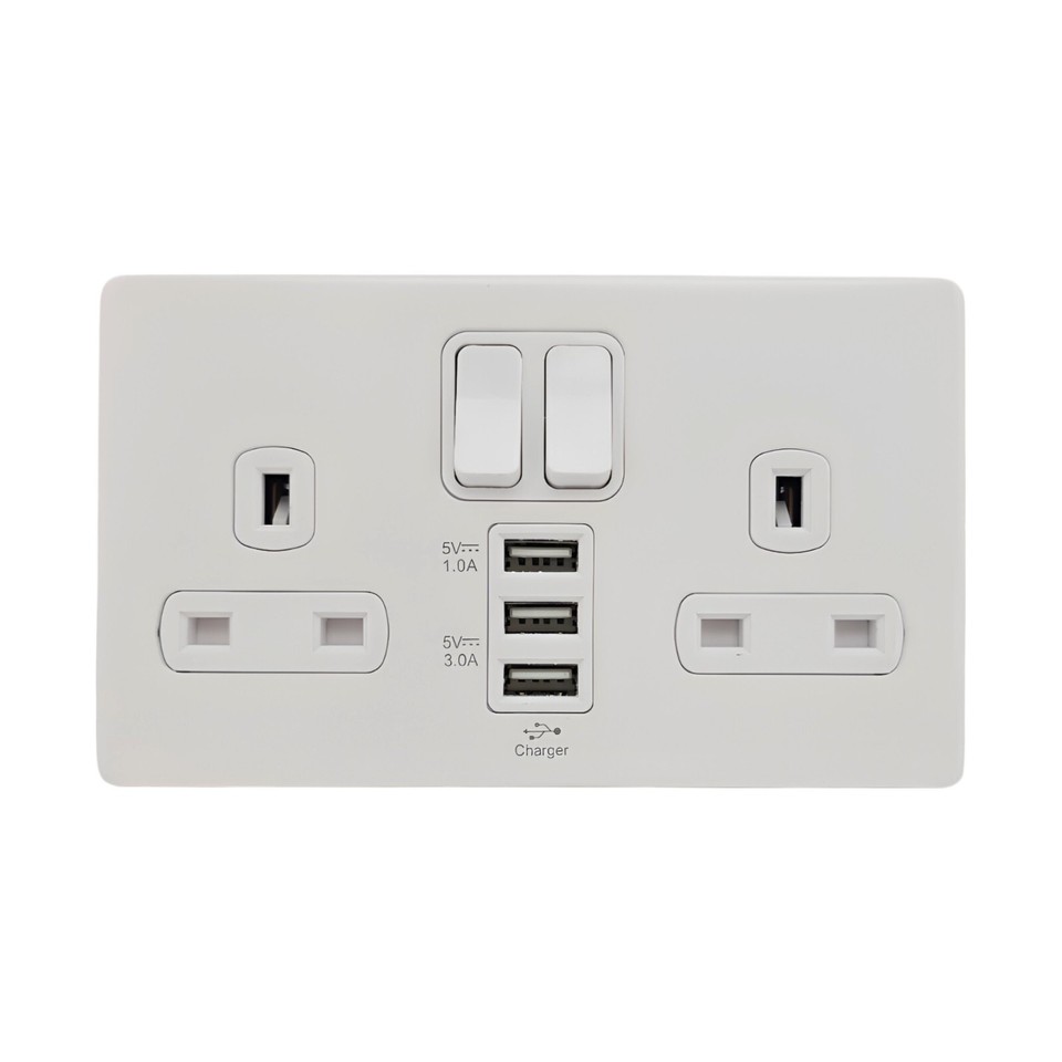 Deta 2 Gang 13A Switched Socket with 3 4A USB Charger Ports White ...
