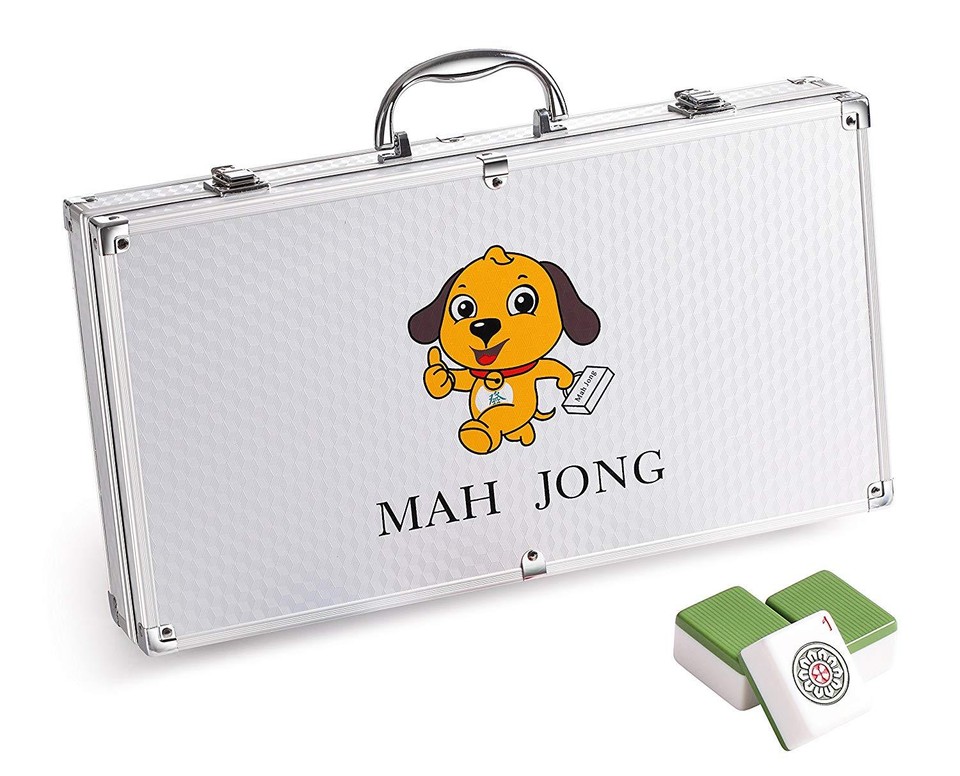 144 Green Tiles Chinese Mahjong Silver Aluminum Case with Pushers and ...