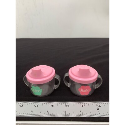 2 Baby Doll Juice Sippy Cups Pink Lids Clear Cups Pink Green Labels | eBay