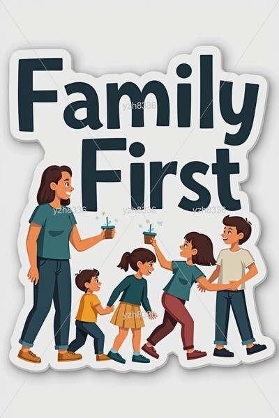 Family First Sticker - Heartwarming Text with Happy Family Illustration ...