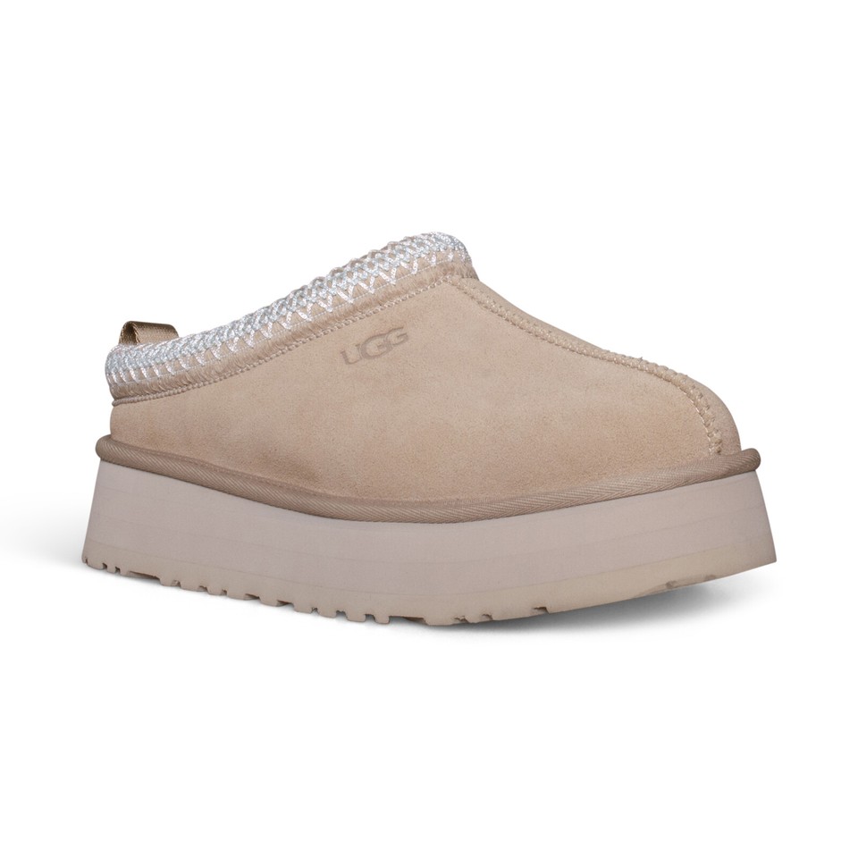 UGG TAZZ SAND SUEDE LINED SHEARLING MULE PLATFORM WOMEN'S SLIPPERS SIZE ...