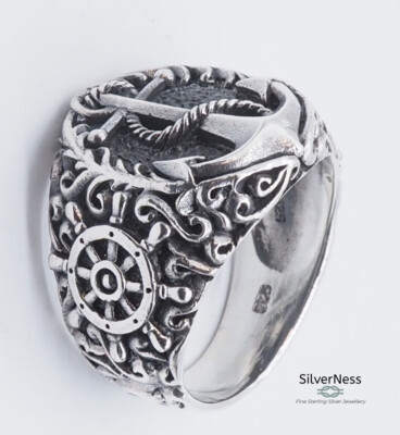 SilverNess Men's Jewellery Anchor & Ship Wheel Ring: 925 Sterling ...