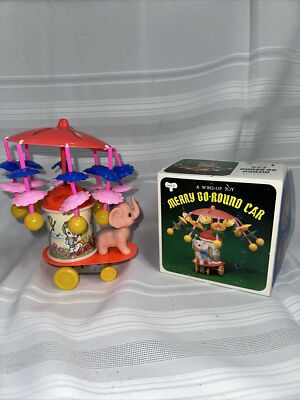 Wind Up Merry Go Round Car Celluloid Plastic Vintage Toy with Box ...