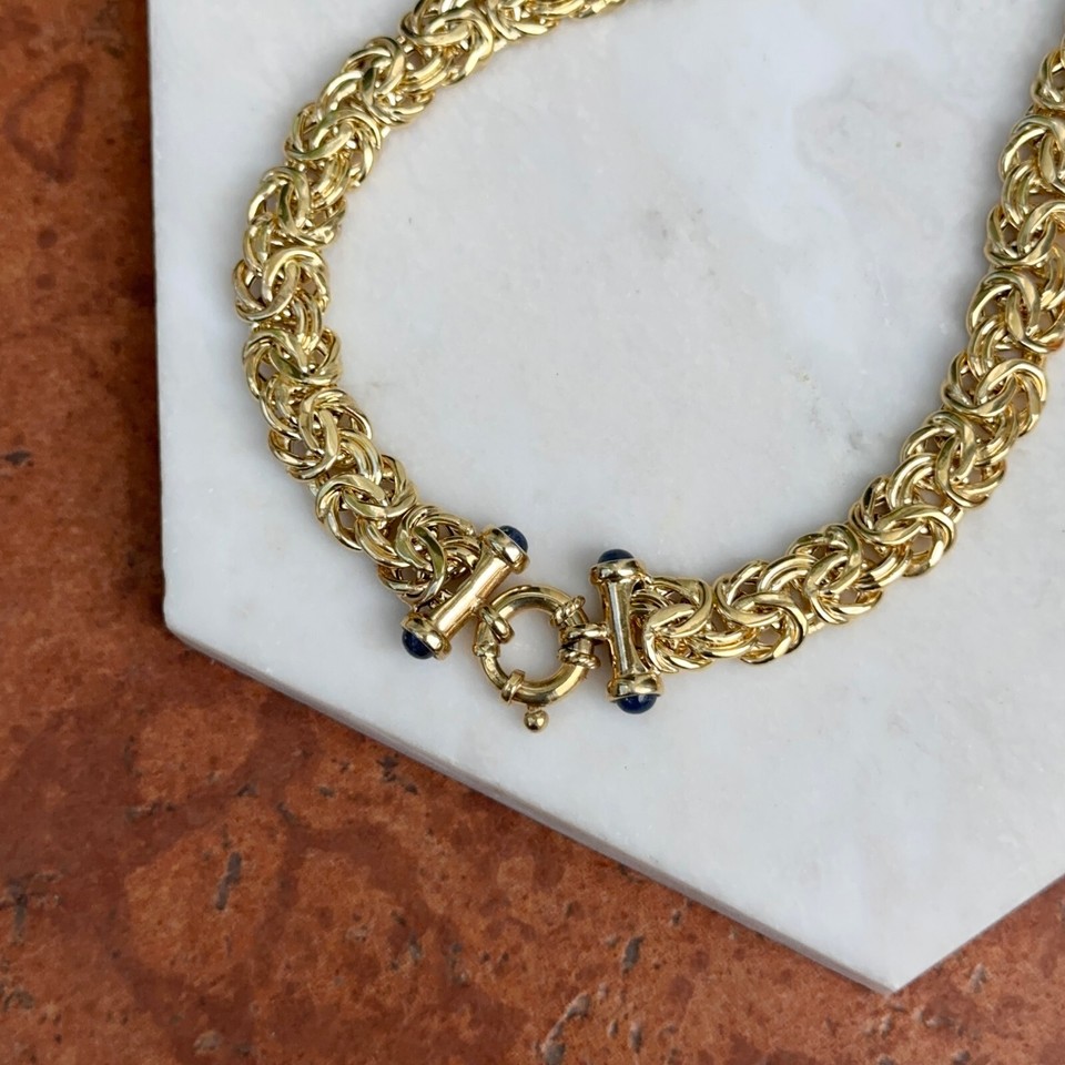 14KT Yellow Gold Byzantine Link Toggle Clasp Chain Necklace w Sapphires ...