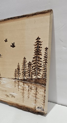 Signed Pyrography Wood Burning Wood Art Birch & Pine Trees Birds Water ...