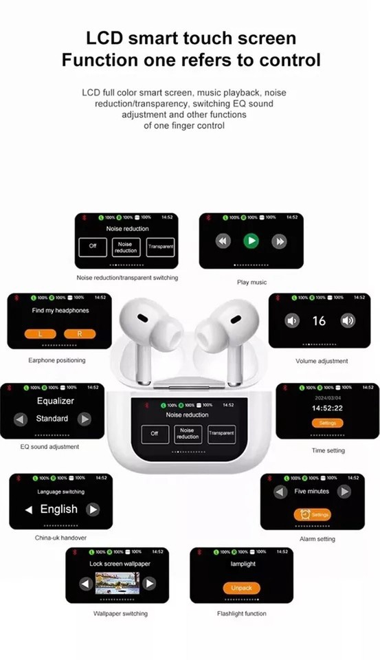 TWS Smart Wireless Bluetooth Earbuds Touch Screen Earphones ANC Bass ...