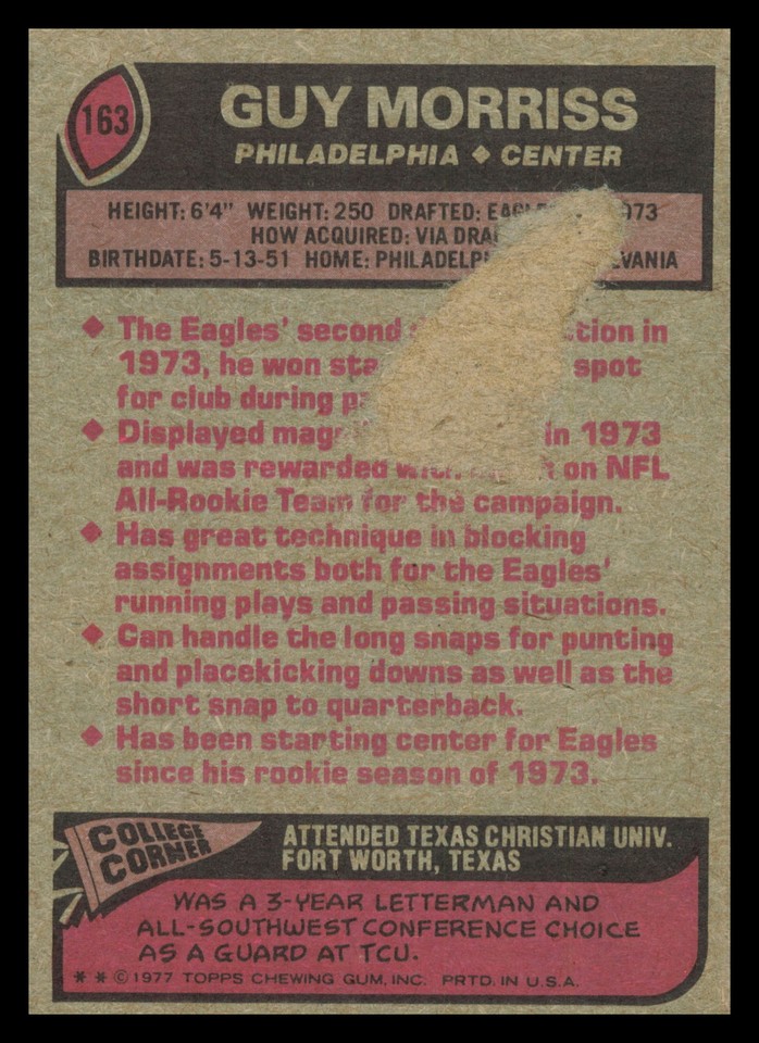 1977 Topps Football #163 Guy Morriss Philadelphia Eagles | eBay