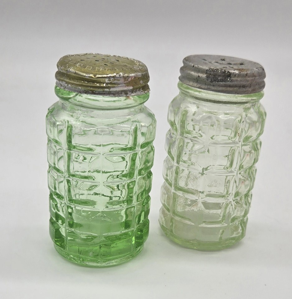 Hazel Atlas Uranium Glass Block Pattern Salt and Pepper Shakers | eBay
