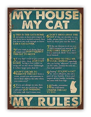 Funny Cat House Rules Aluminium Metal Wall Sign Pet Kitchen | eBay UK