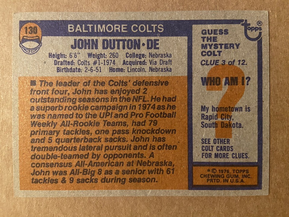 JOHN DUTTON Signed 1976 Topps #130 Colts Cowboys Nebraska Huskers ...