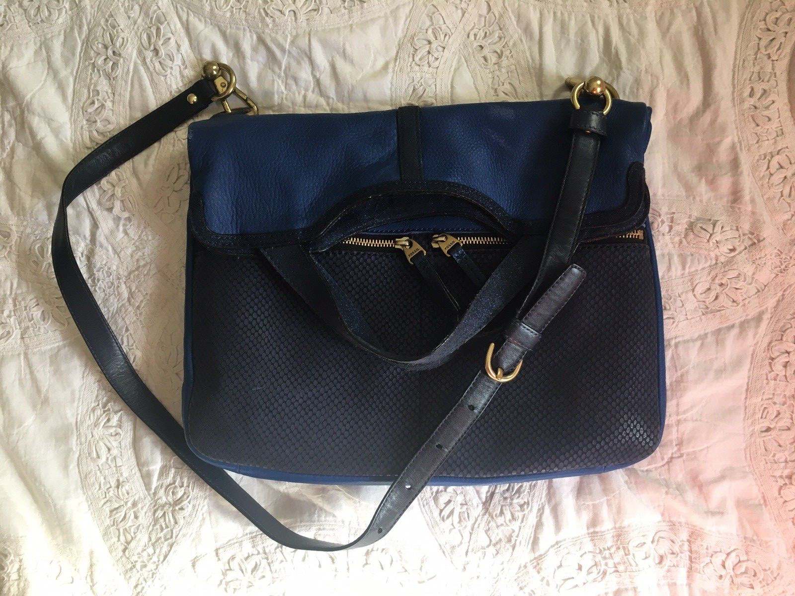 FOSSIL Blue Leather ERIN Foldover Convertible Tote Cr… - Gem