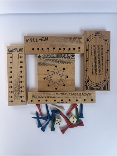 Vintage 80's Wood Peg Board Games Brain Teasers Roundabout Roll-Em Lot ...