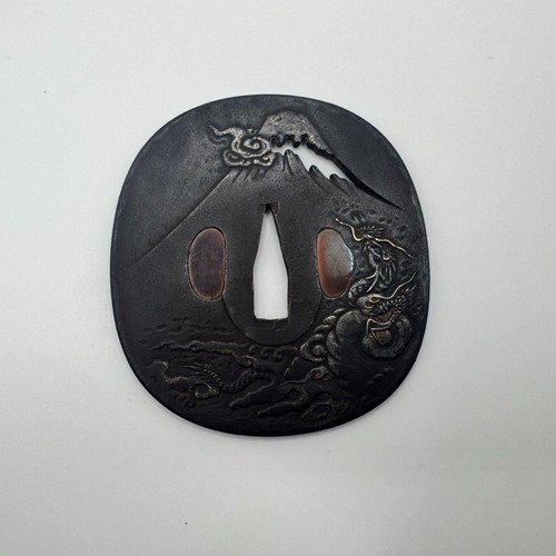 Japanese Antique Tsuba Mt Fuji & Dragon Design Symbolic Unsigned Sword ...