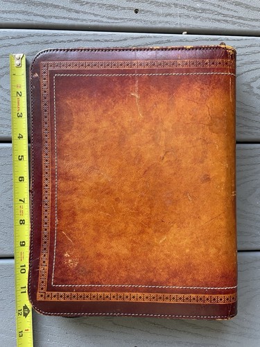 Vtg USA Made Brown Leather 7 Ring Binder 11.5" x 9" Zip Close Planner ...
