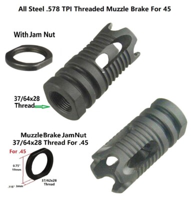 All Steel Muzzle Brake 37/64x28 .578"-28 TPI Threaded Fits .45 Black ...