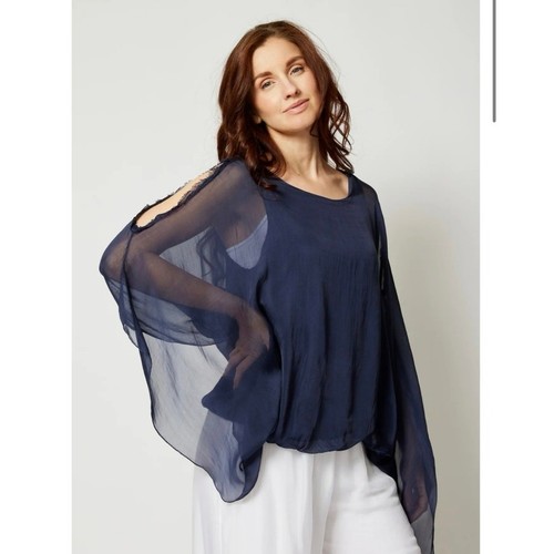 Gigi Moda Made In Italy Italian Silk Cold Shoulder Top Blouse Blue One ...