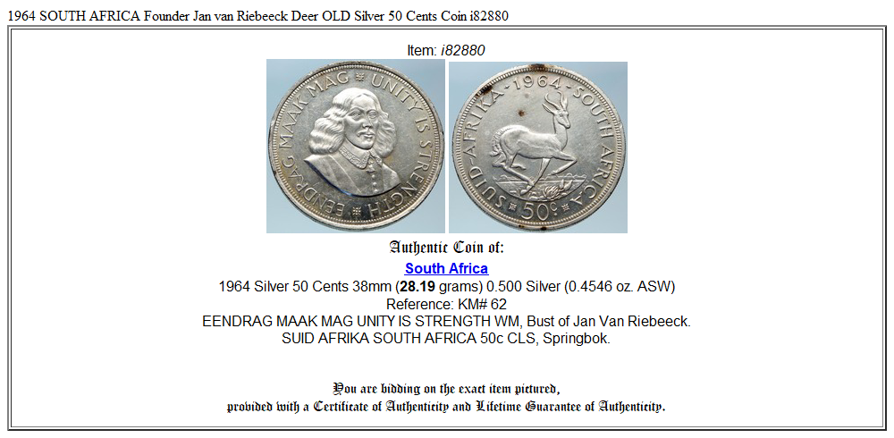 1964 SOUTH AFRICA Founder Jan van Riebeeck Deer OLD Silver 50 Cents ...
