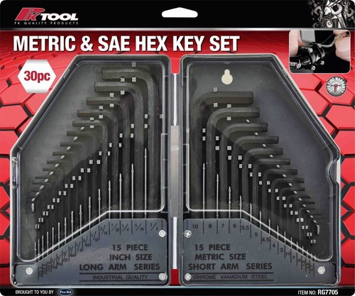 PRO TOOL 30PCS Hex Key Set 15pc SAE 0.028”-3/8” 15pc Metric 0.7-10mm ...
